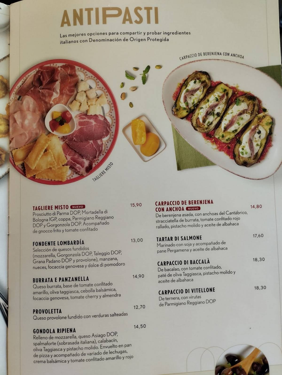 Carta del restaurante La Tagliatella, Barcelona, Av. Diagonal