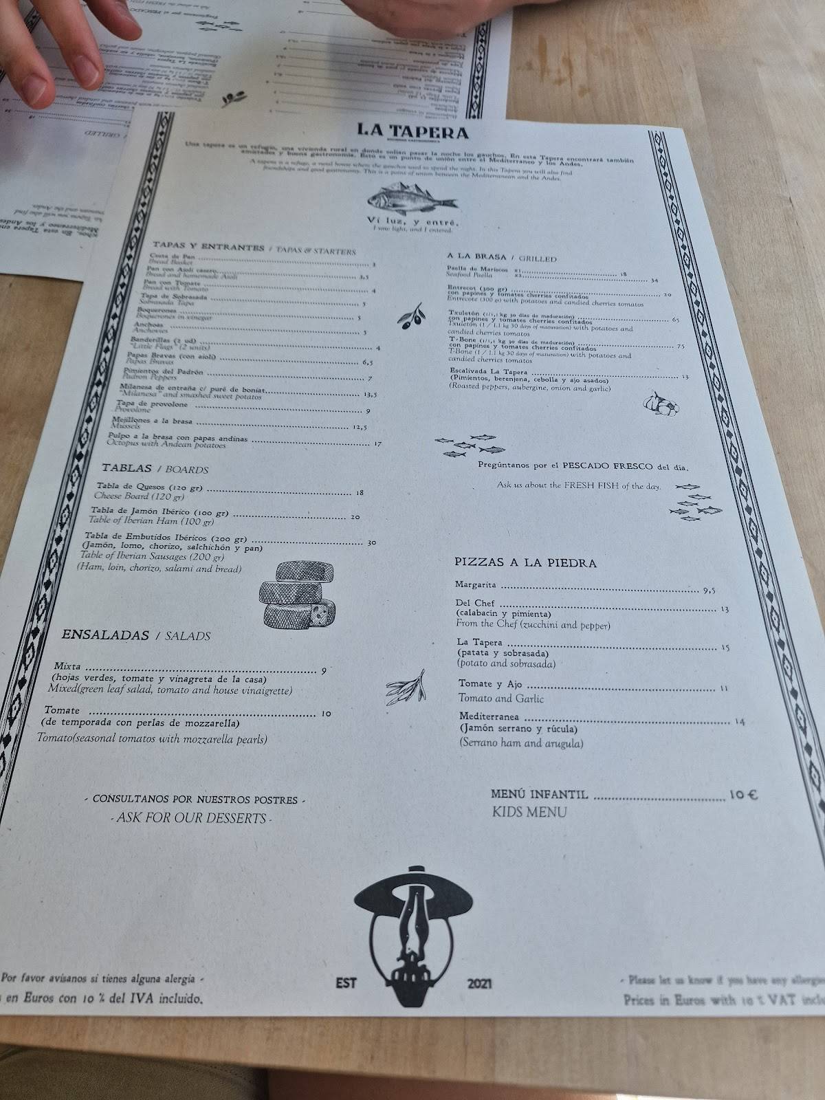 Menu at La Tapera restaurant, Palma