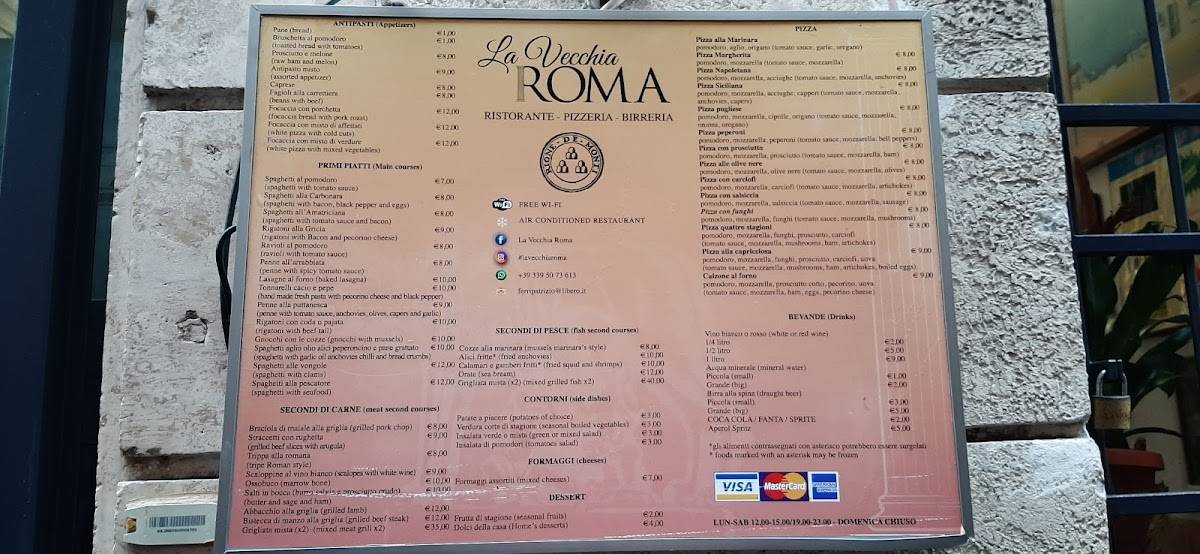 Menu at La Vecchia Roma pizzeria, Rome, Via Leonina