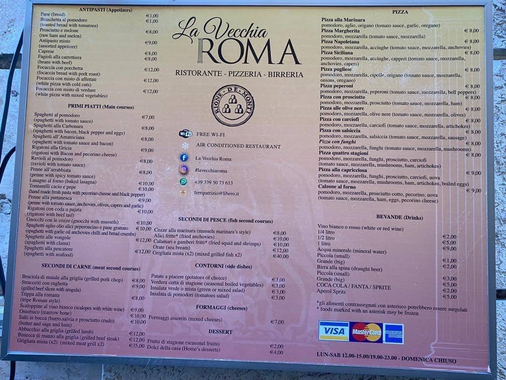 Menu at La Vecchia Roma pizzeria, Rome, Via Leonina