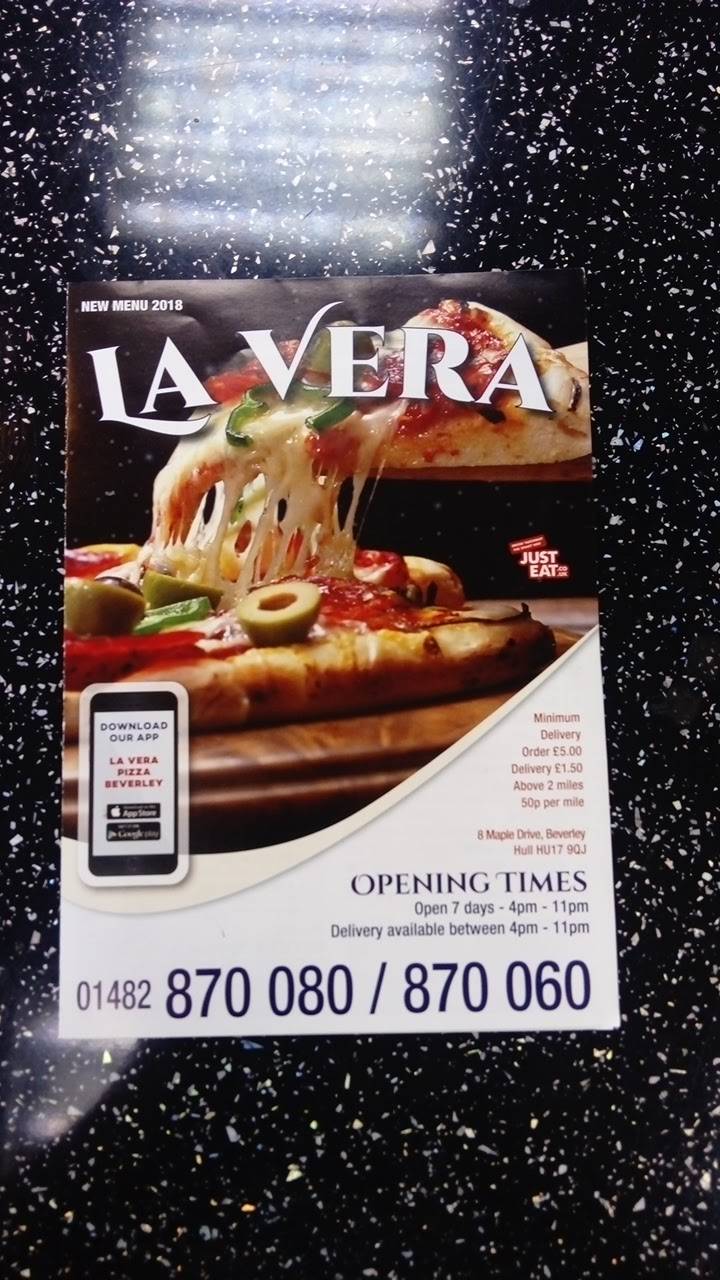 Menu at La Vera Pizza restaurant, Beverley