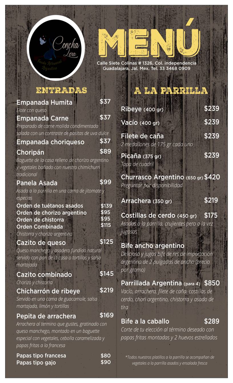 Carta del restaurante La concha del la lora, Guadalajara