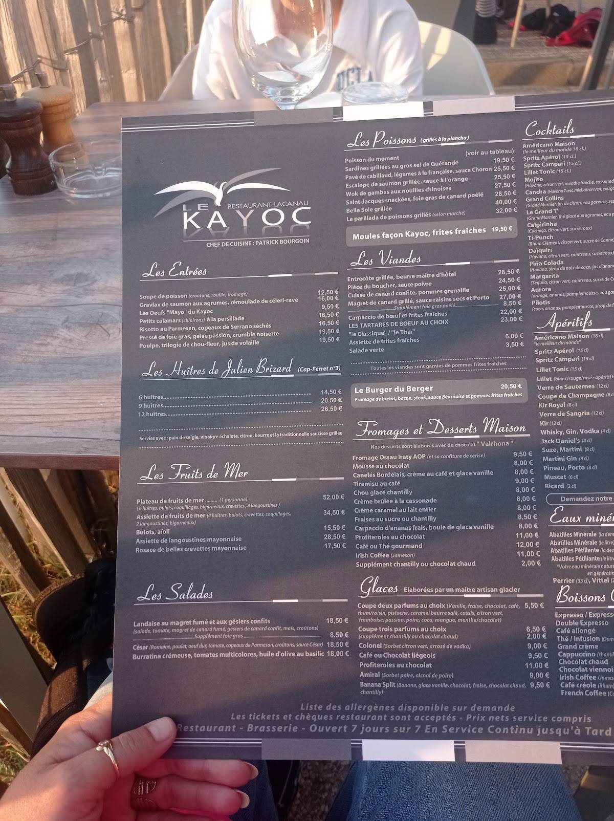 Carta del restaurante Le Kayoc, Lacanau, 2 All. Pierre Ortal