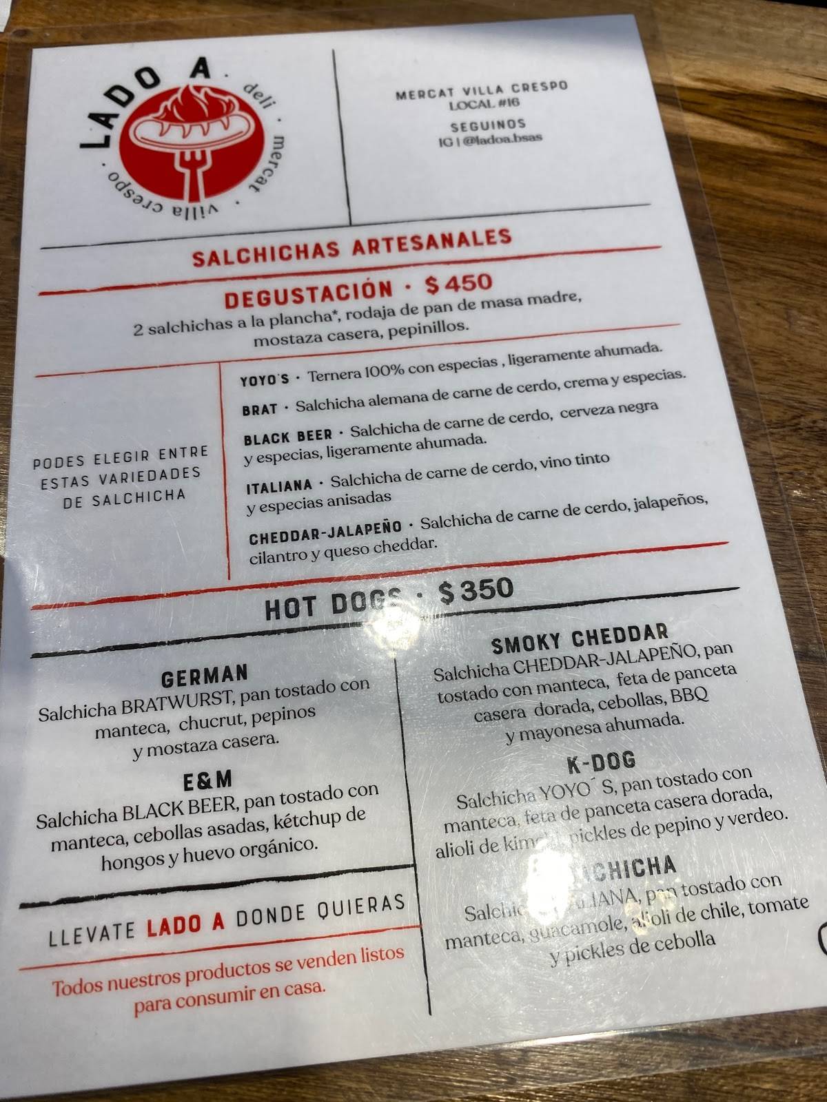 Carta del restaurante Lado A, Buenos Aires