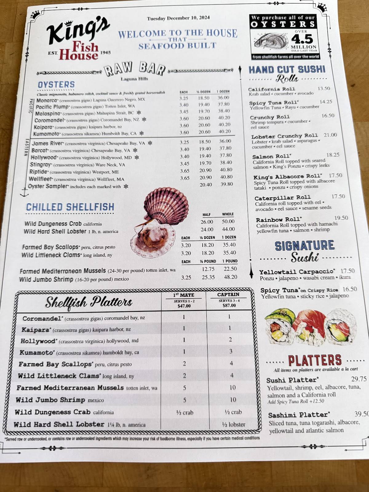 Menu at King's Fish House restaurant, Laguna Hills