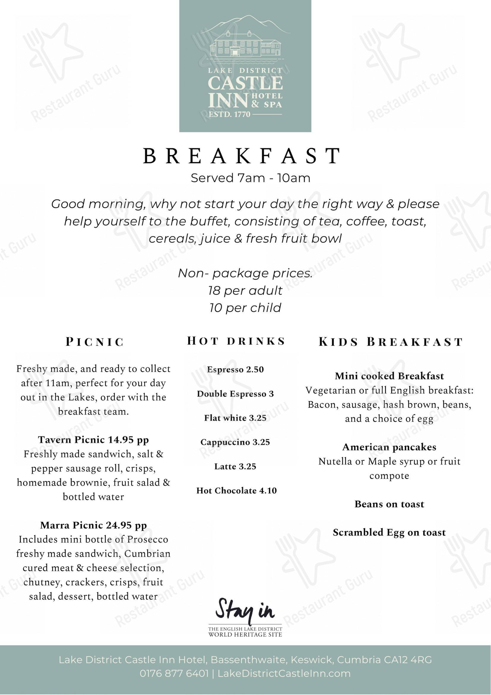 Menu at Lake district Castle Inn Hotel pub & bar, Bassenthwaite