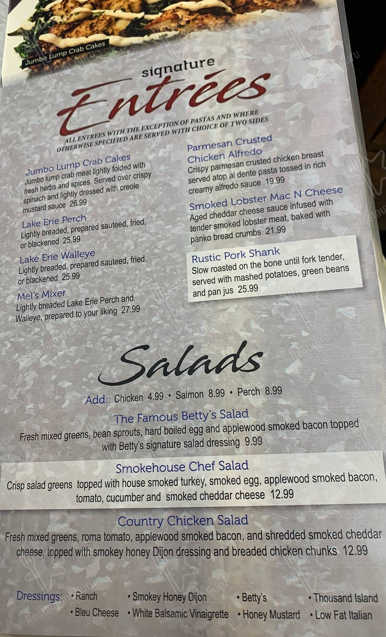 Menu at Crow's Nest restaurant, Lakeside Marblehead