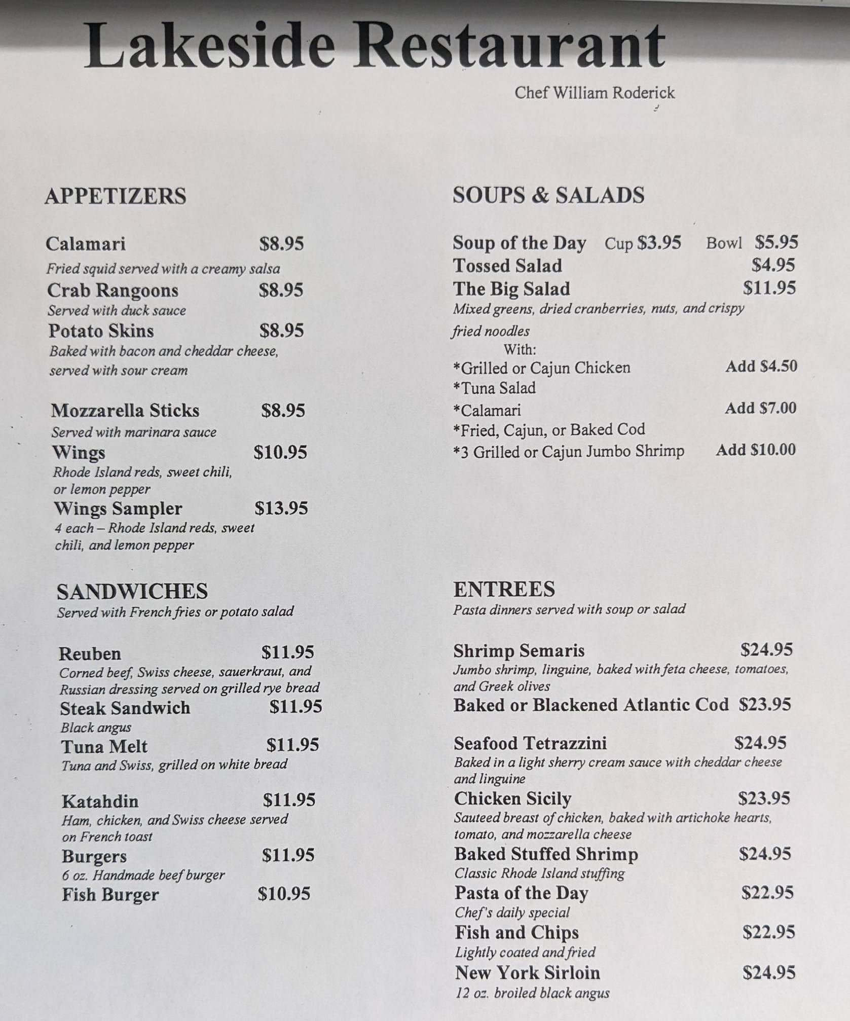 Menu at Lakeside Restaurant, New Limerick