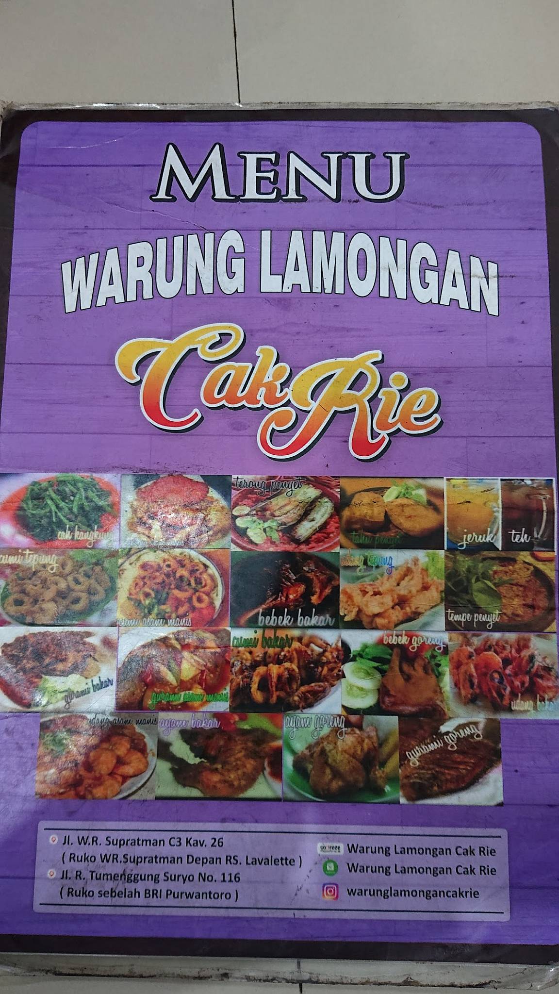 Carta del restaurante Lalapan Warung Lamongan Cak Rie Cabang Tumenggung ...