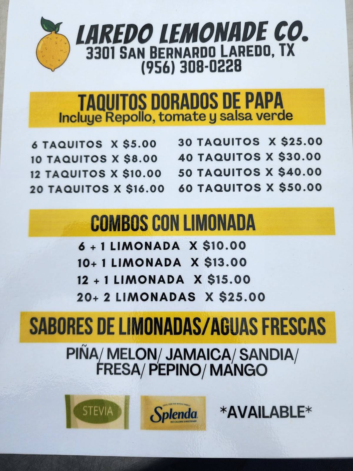 Menu at Laredo Lemonade Company restaurant, Laredo