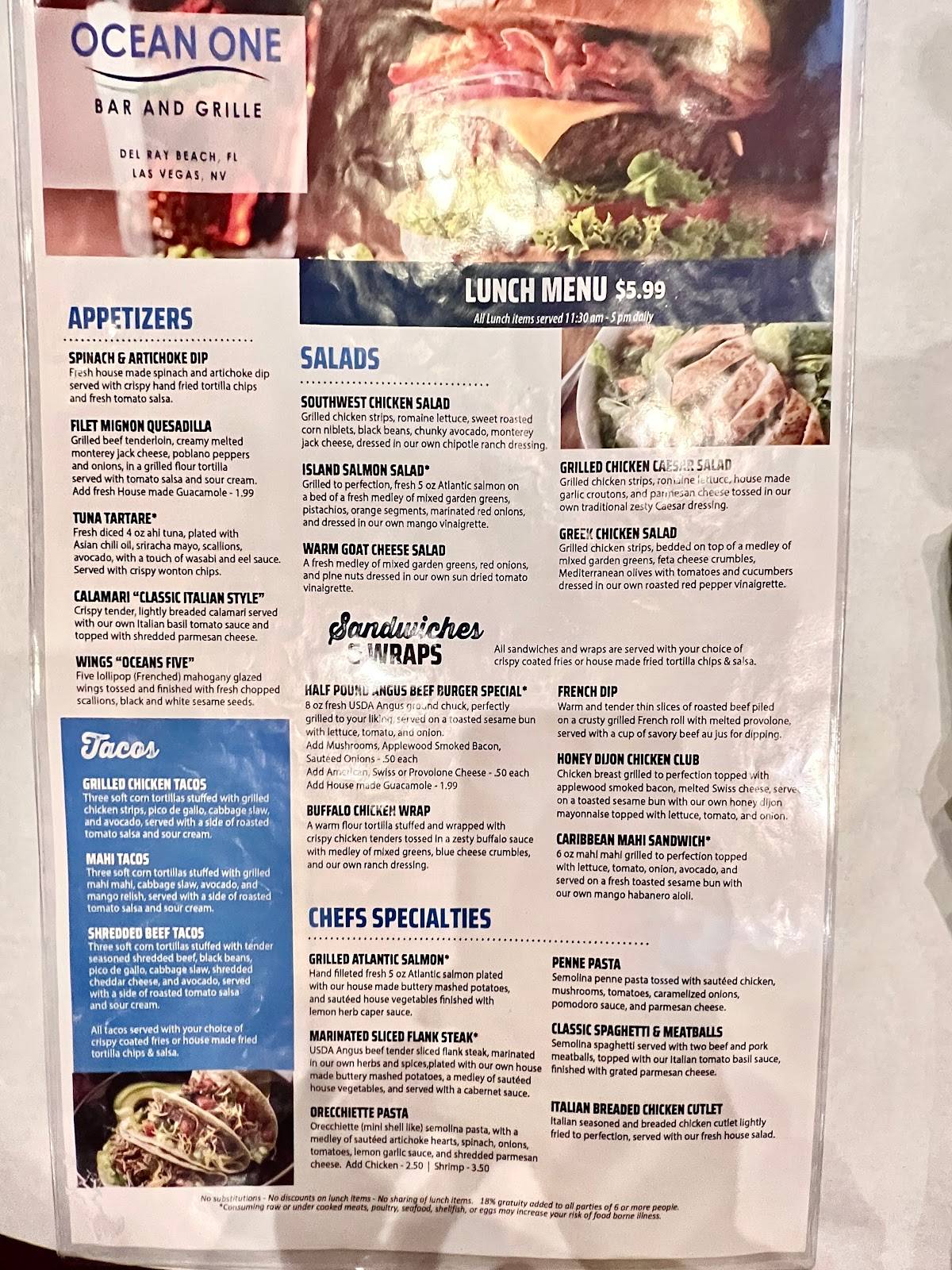 Menu at Ocean One Bar & Grille, Las Vegas