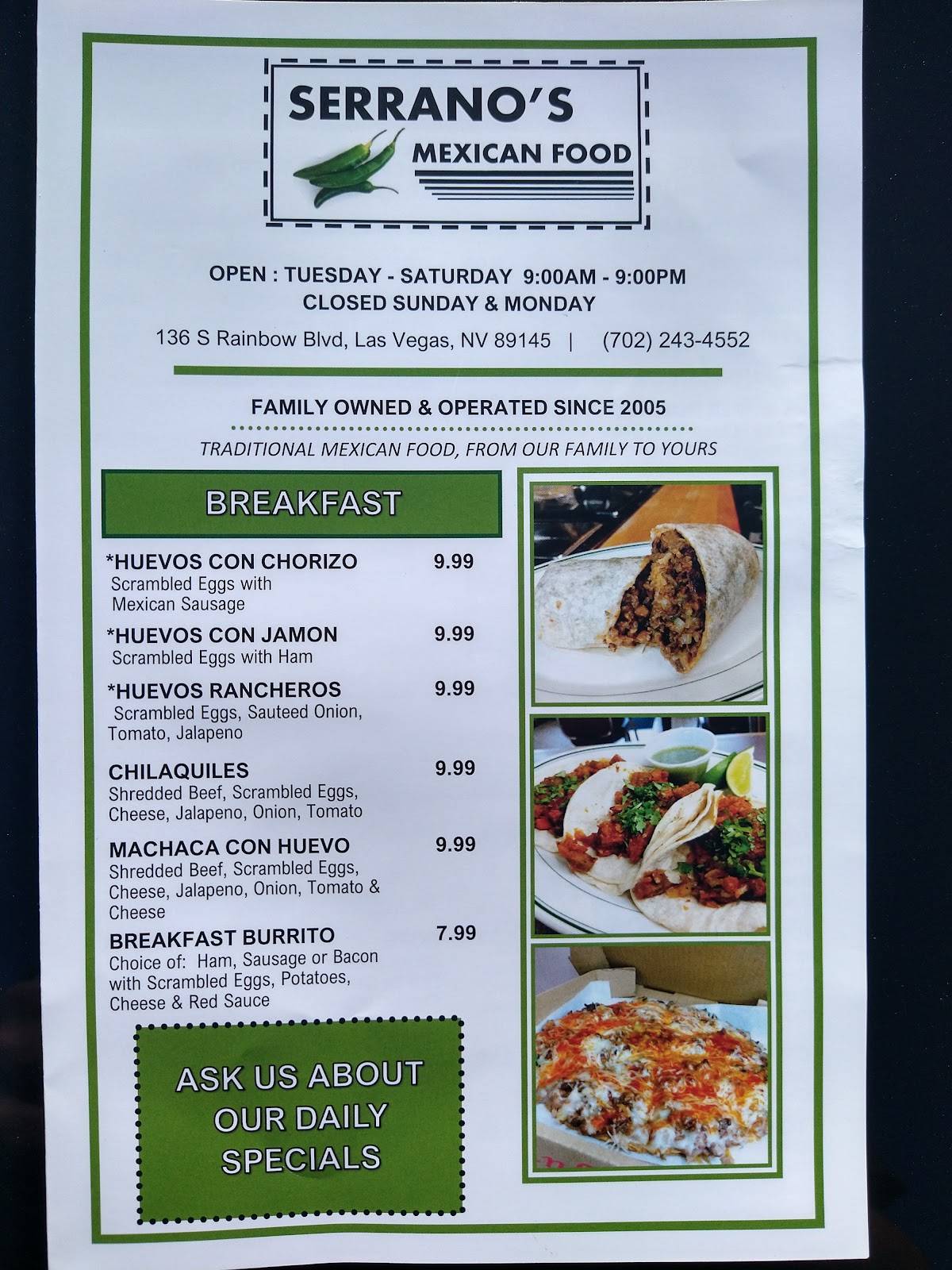 Menu at Serrano's Mexican Fast Food, Las Vegas