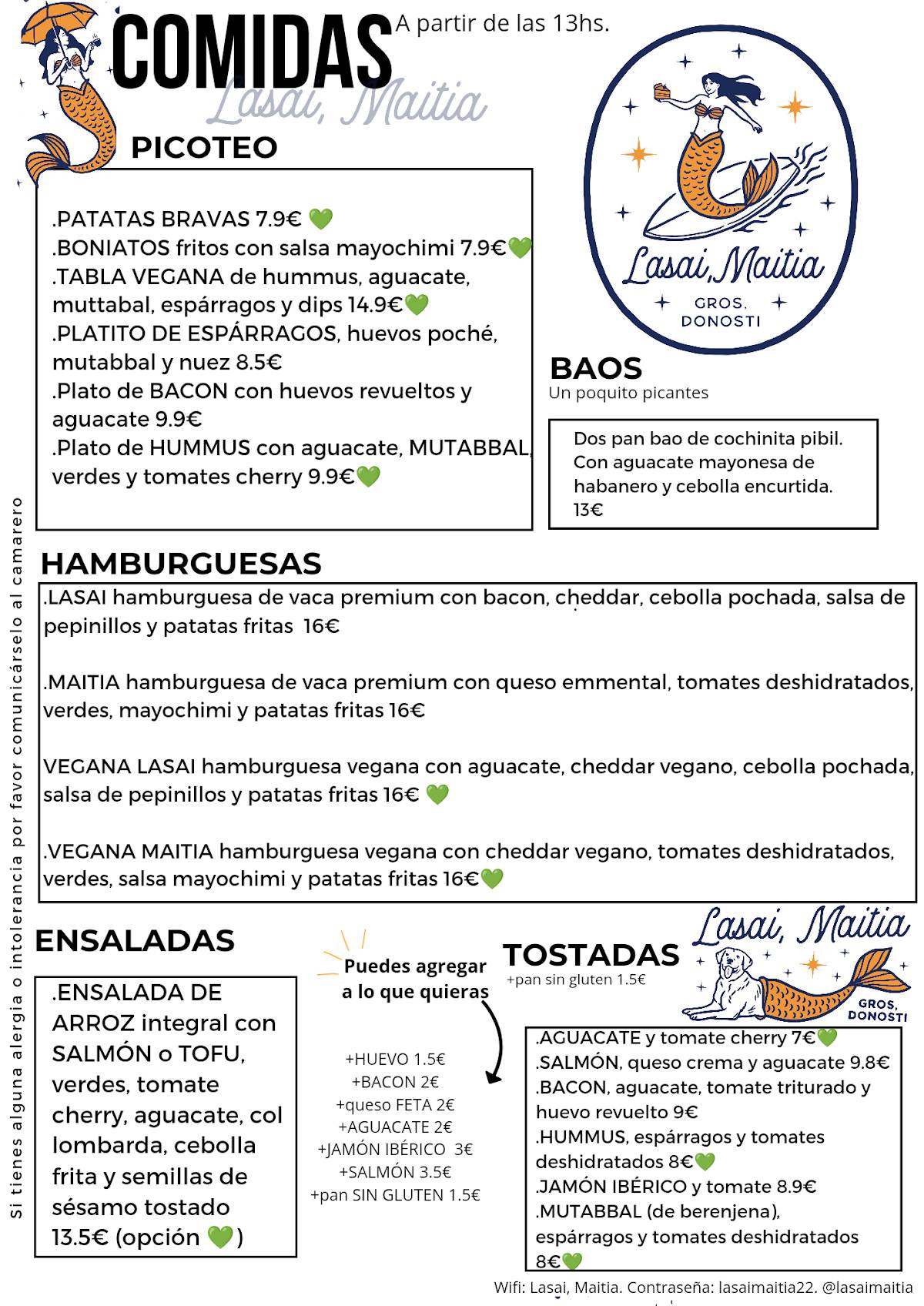 Carta del restaurante Lasai, Maitia, San Sebastián