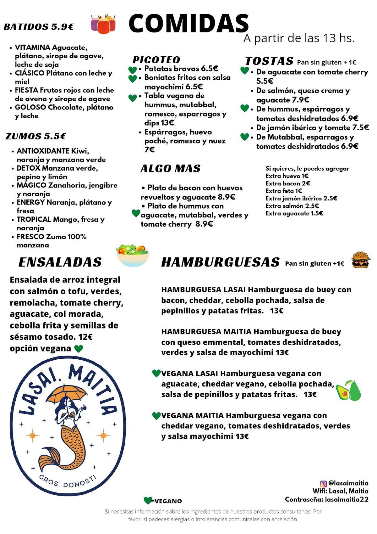 Menu at Lasai, Maitia restaurant, San Sebastián