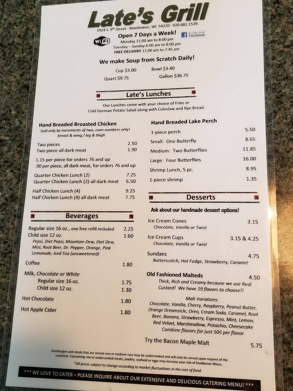 Menu at Late's restaurant, Manitowoc