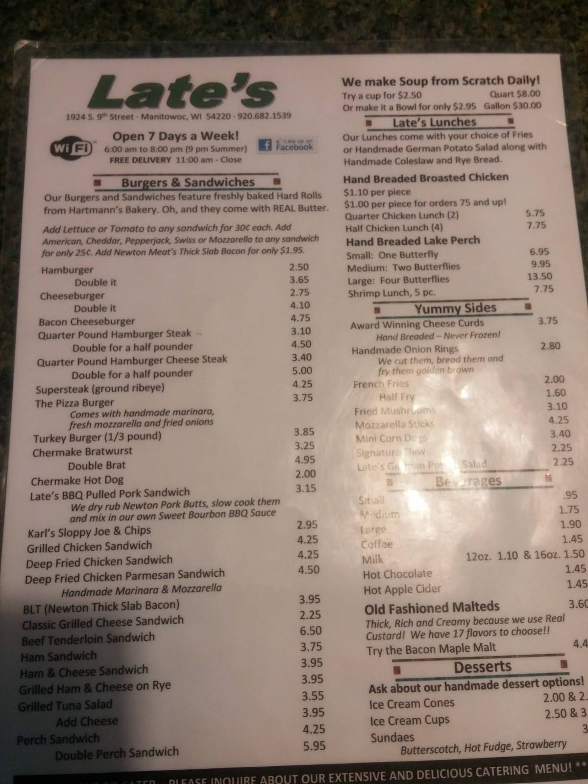 Menu at Late's restaurant, Manitowoc