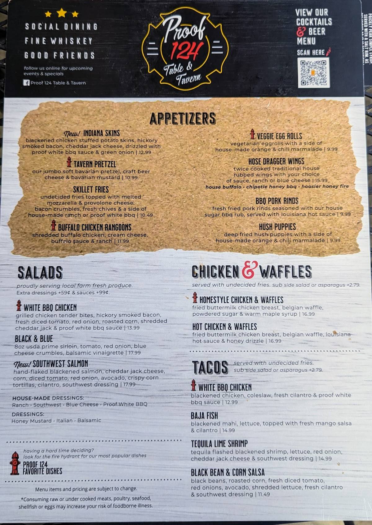 Menu at Proof 124 Table and Tavern pub & bar, Lawrenceburg