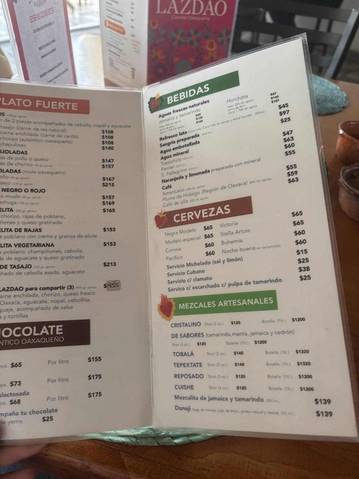 Menu at Lazdao restaurant, Mexico City