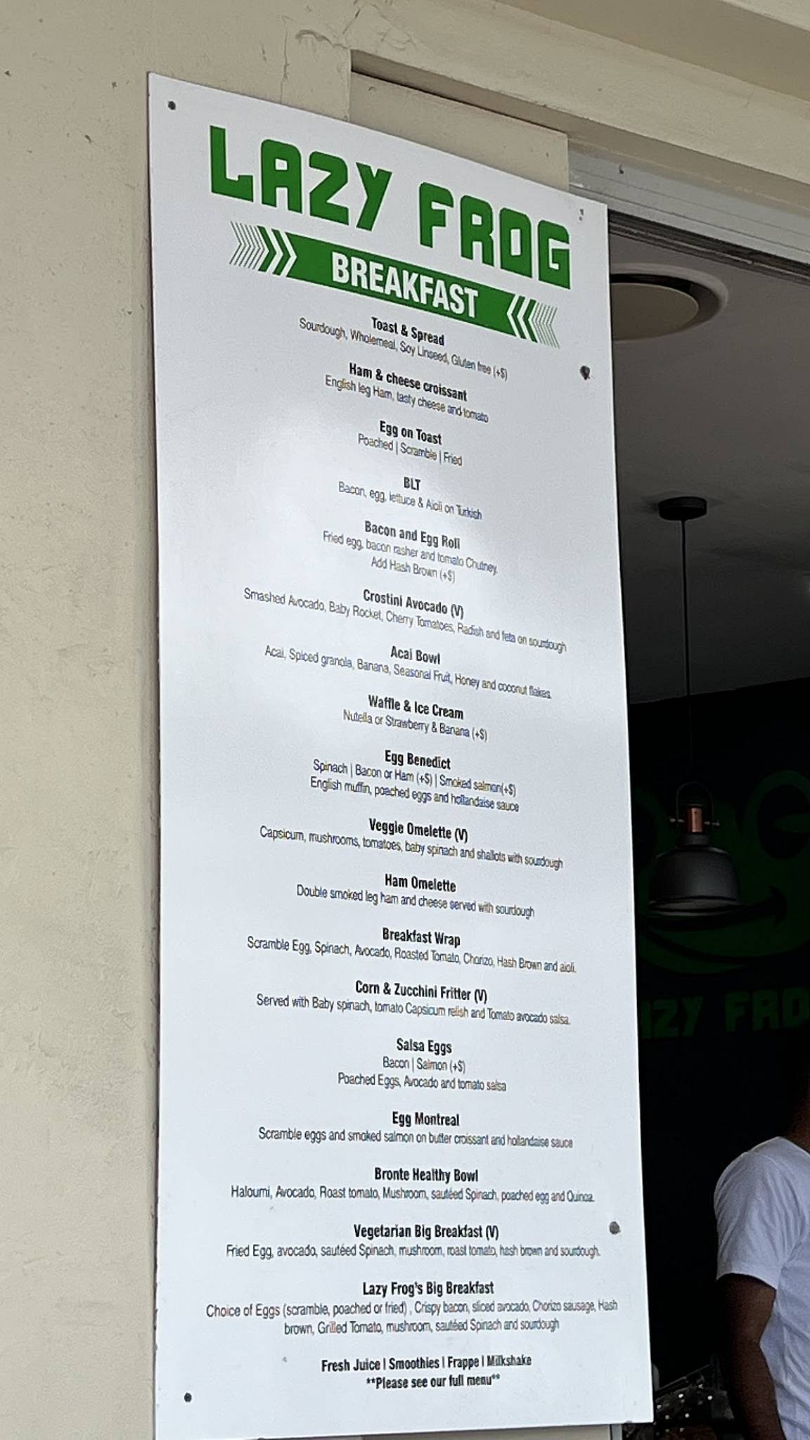 Menu at Lazy Frog cafe, Bronte