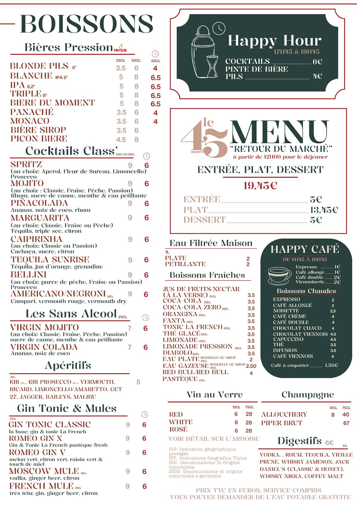 Menu au Le 45 by Moretti restaurant, Versailles