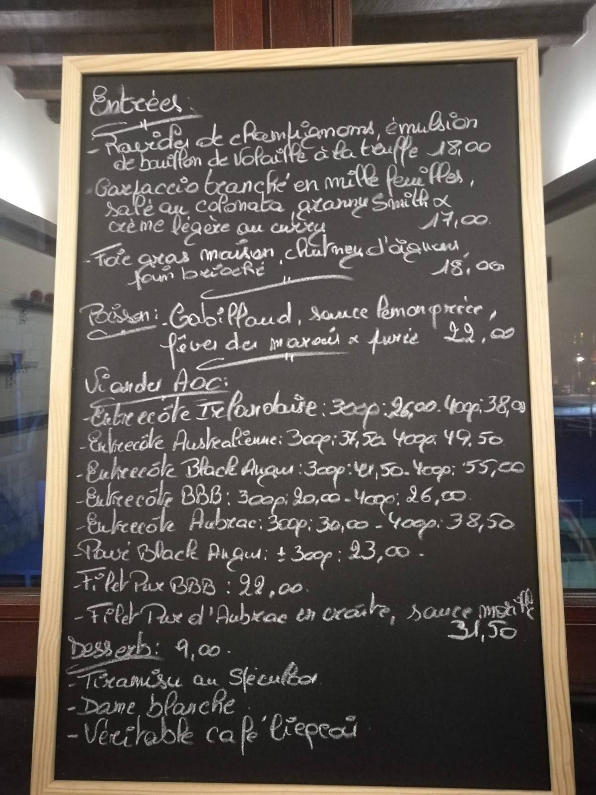 Menu au Le Bar à Boeuf, Liège, Rue de la Goffe 22