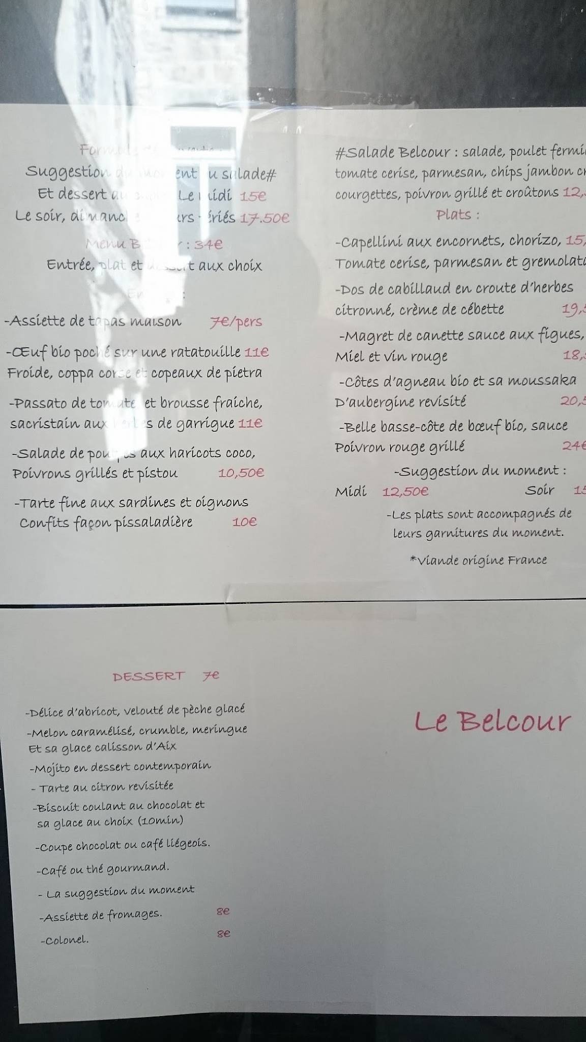Menu at Le Belcour restaurant, Nimes, 7 Rue des Marchands