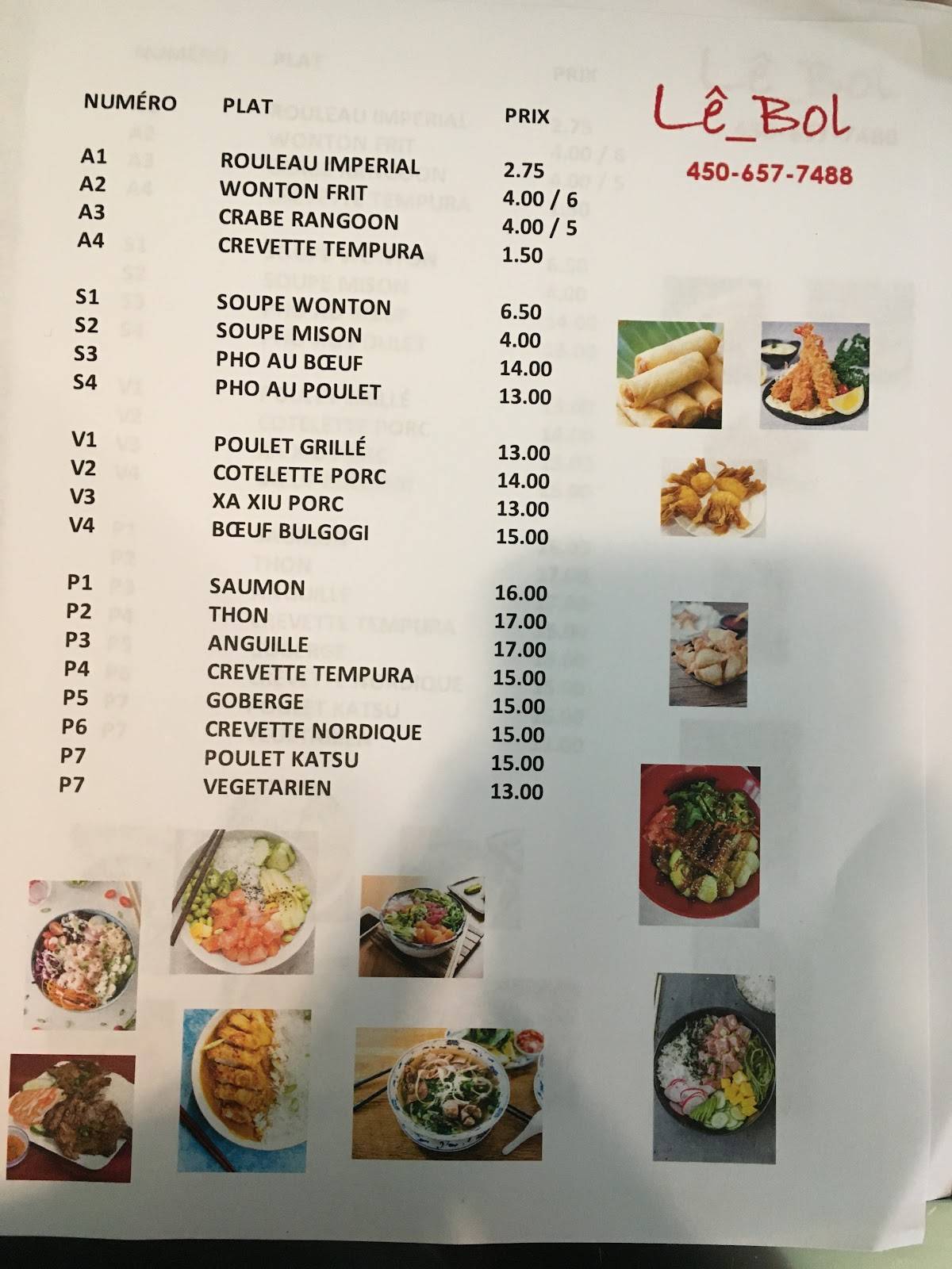 Menu at Lê Bol restaurant, Repentigny
