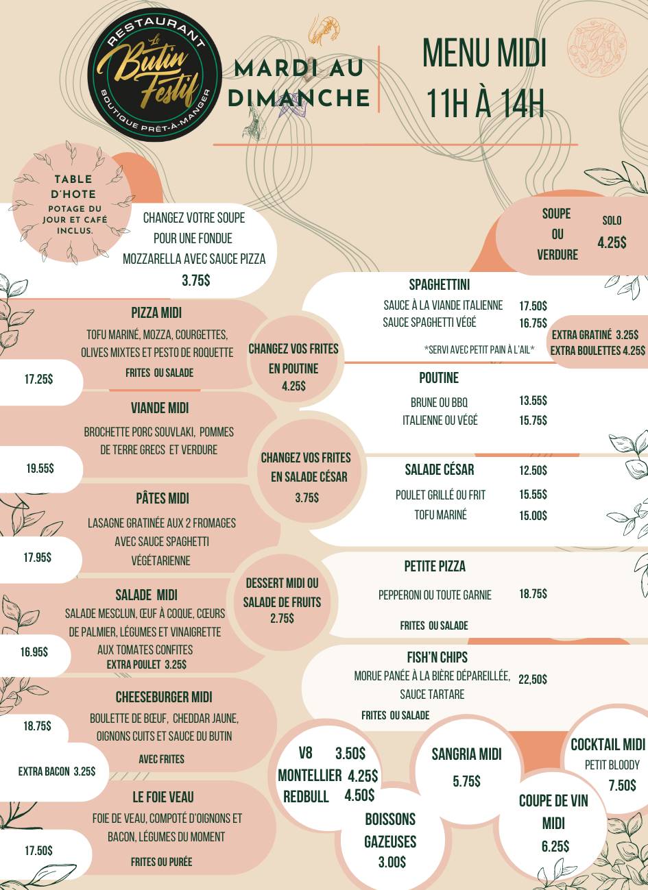 Menu au Le Butin Festif restaurant, Trois-Rivières