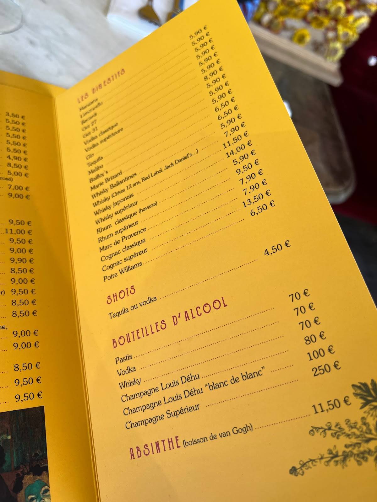 Menu at Le Café Van Gogh, Arles