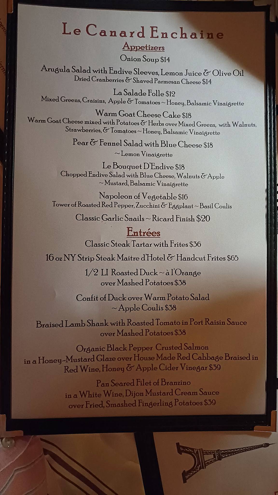 Menu at Le Canard Enchaine restaurant, Kingston
