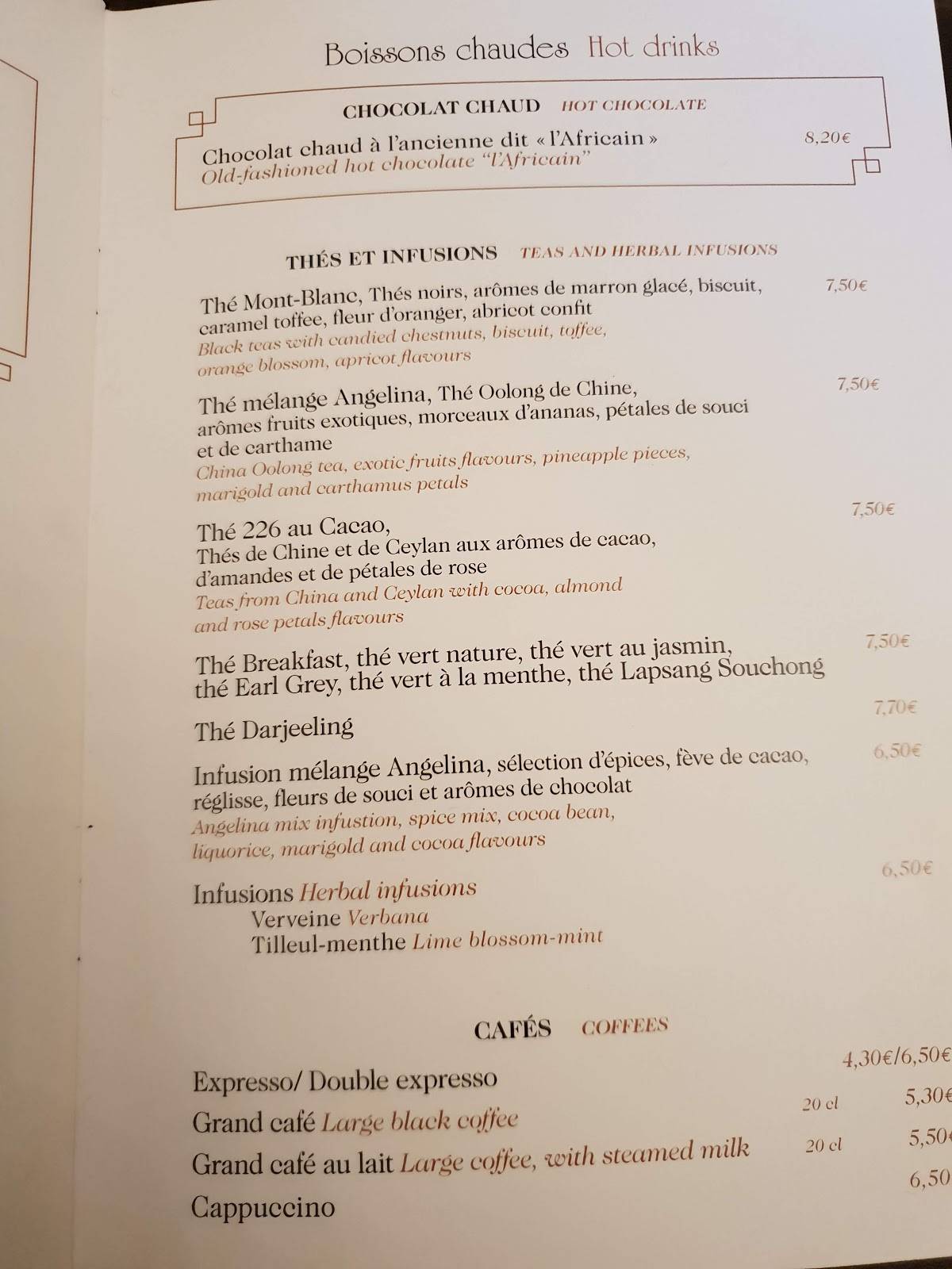 Menu at Angelina Paris restaurant, Versailles, Allée des 2