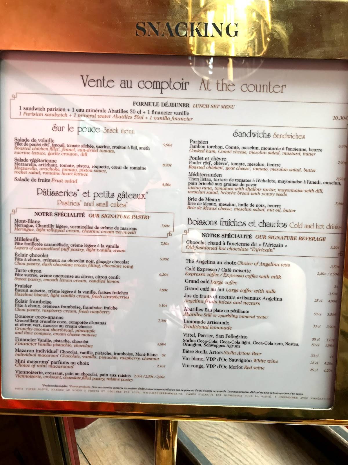 Menu at Angelina Paris restaurant, Versailles, Allée des 2