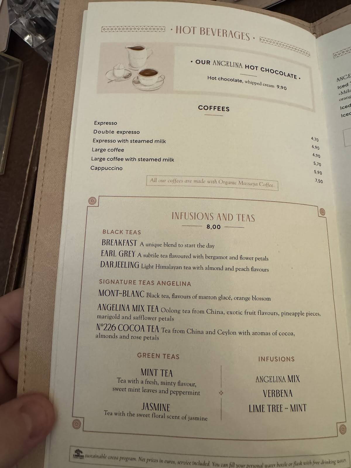 Menu at Angelina Paris restaurant, Versailles, All. des deux Trianons