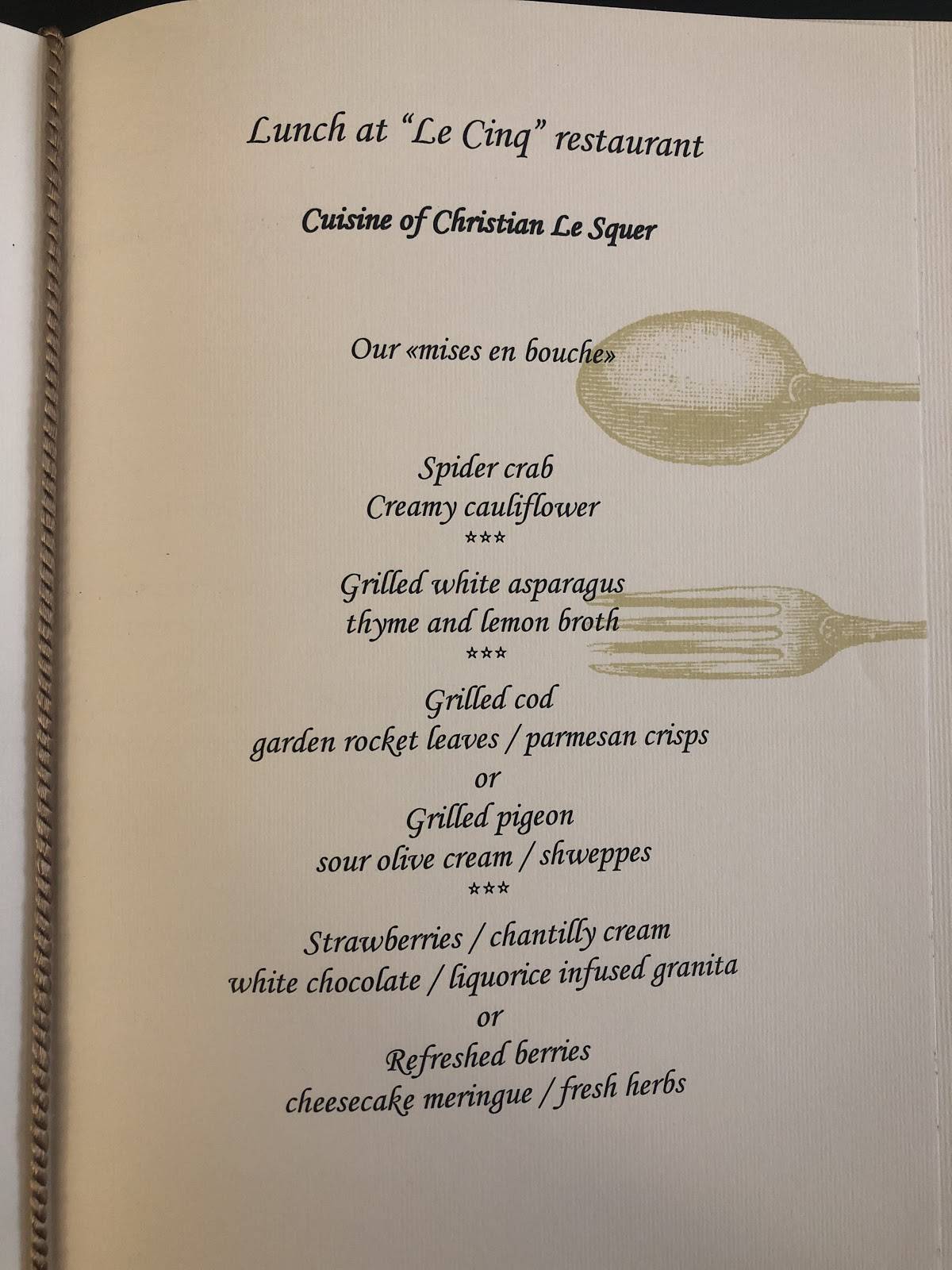 Menu at Le Cinq restaurant, Paris, 31 Av. George V