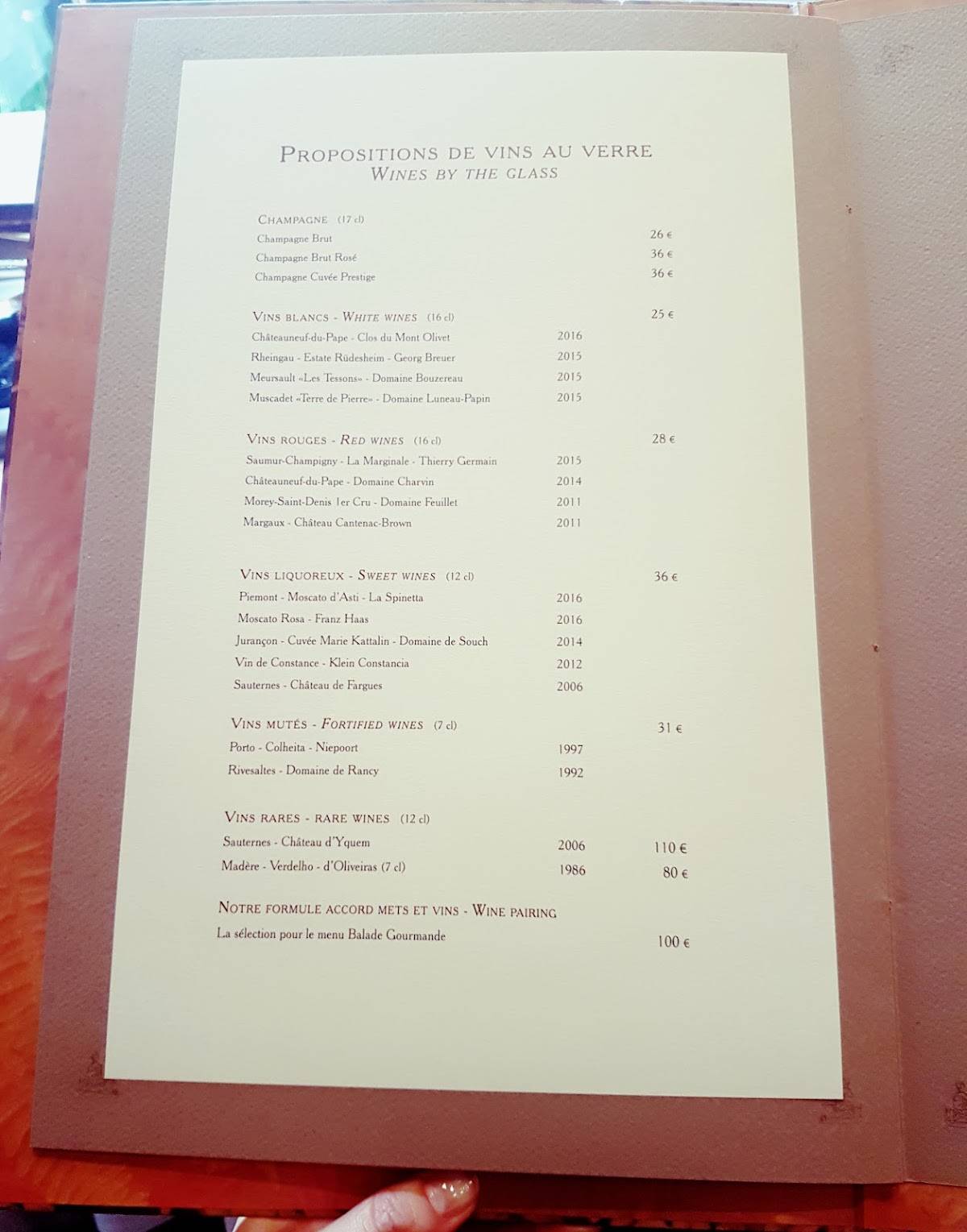 Menu at Le Cinq restaurant, Paris, 31 Av. George V