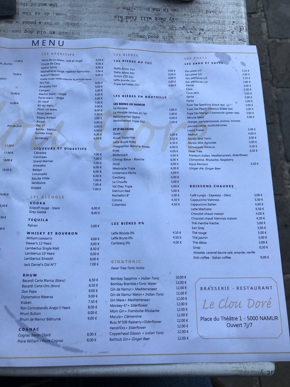 Menu au Le Clou Doré, Namur