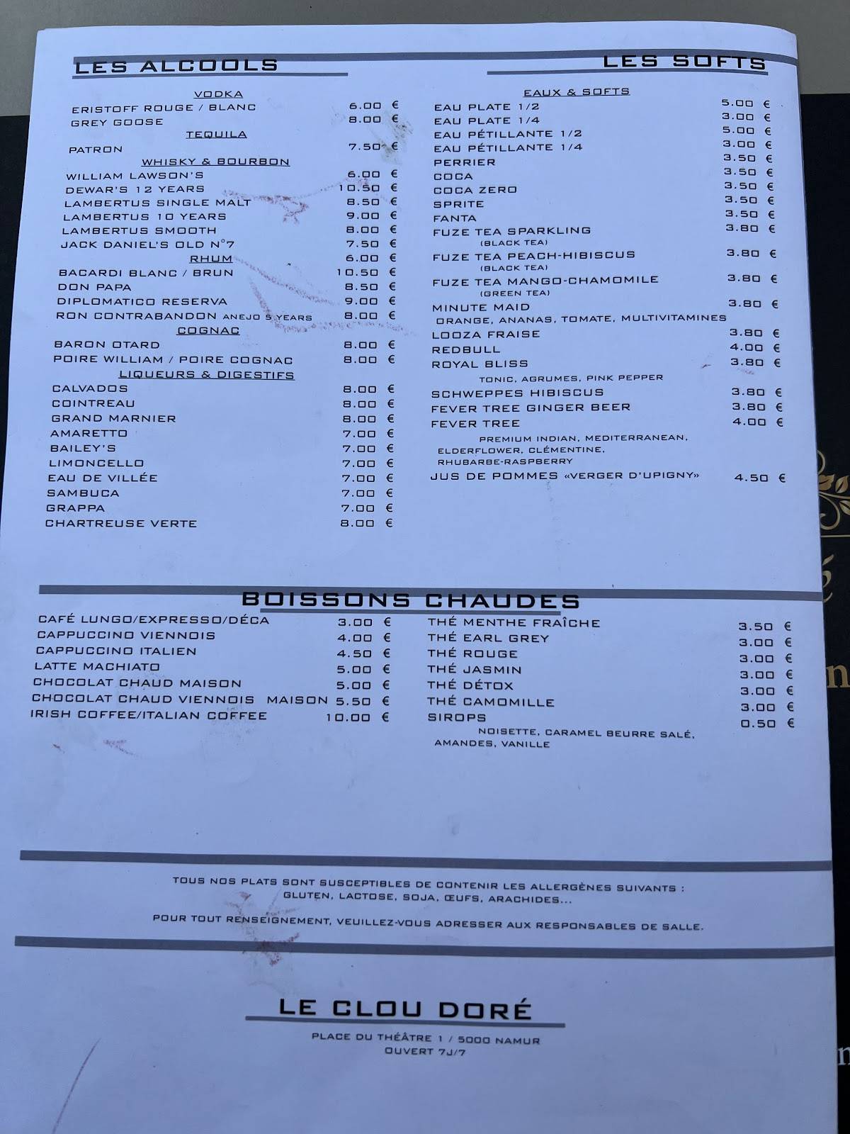 Menu au Le Clou Doré, Namur