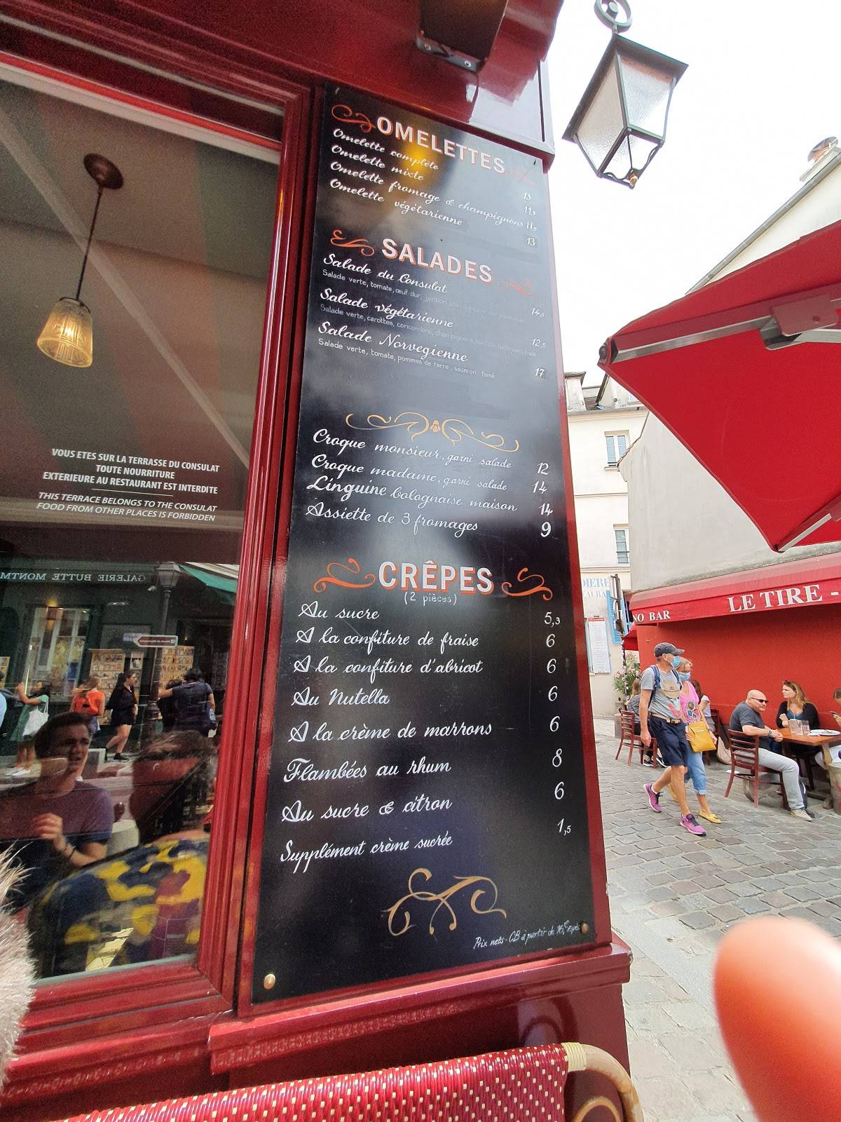 Menu at Le Consulat restaurant, Paris, 18 Rue Norvins