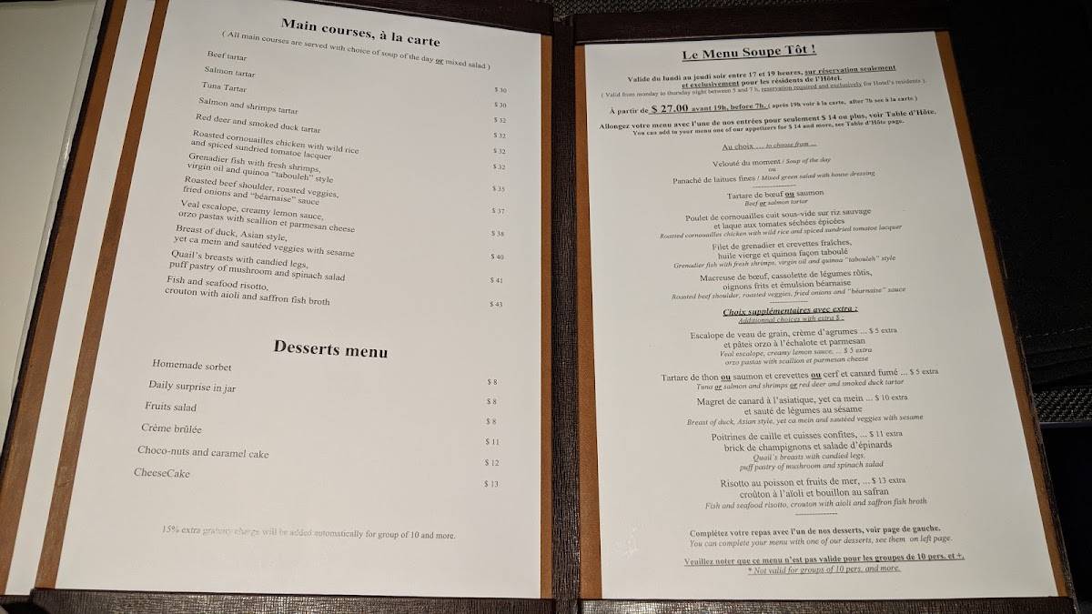Menu au Restaurant Le Galopin, Québec