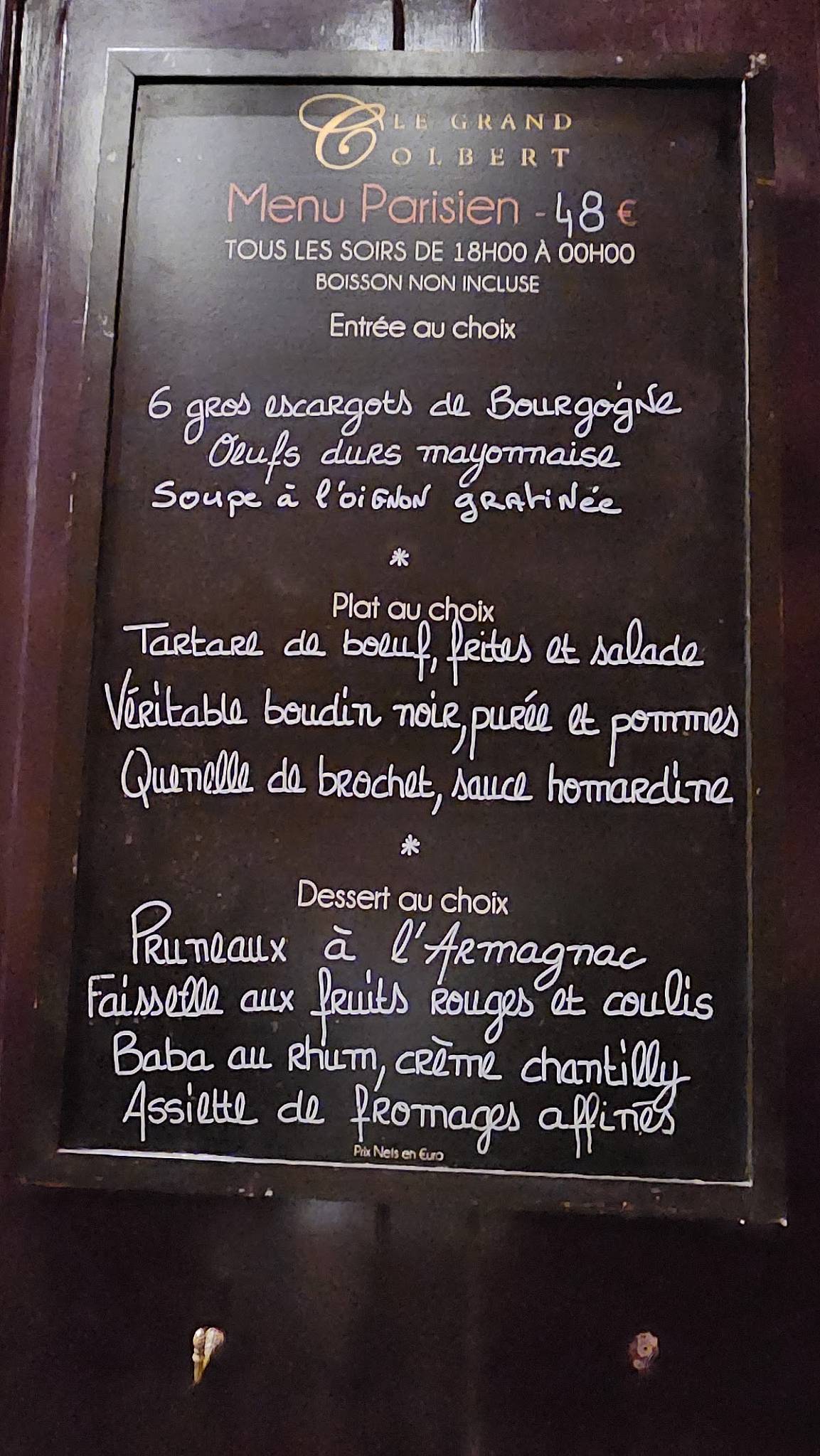 Menu at Le Grand Colbert restaurant, Paris, 2 Rue Vivienne