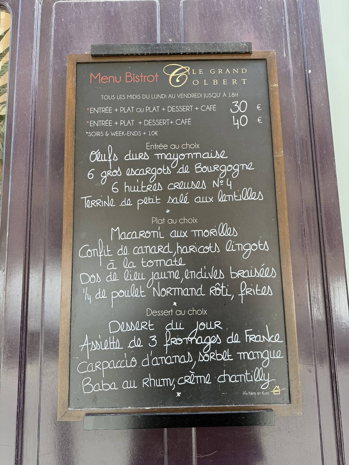 Menu at Le Grand Colbert restaurant, Paris, 2 Rue Vivienne