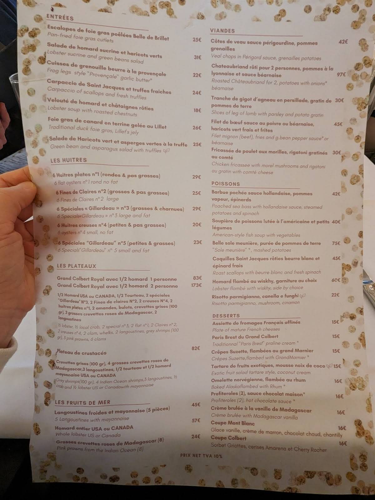 Menu at Le Grand Colbert restaurant, Paris, 2 Rue Vivienne