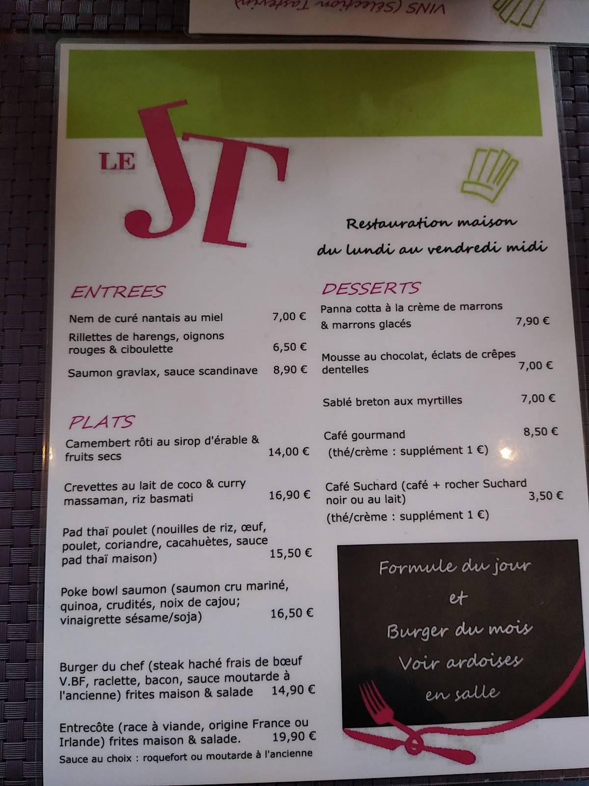 Carta del restaurante Le JT - bistrot gourmand, Saint-Nazaire