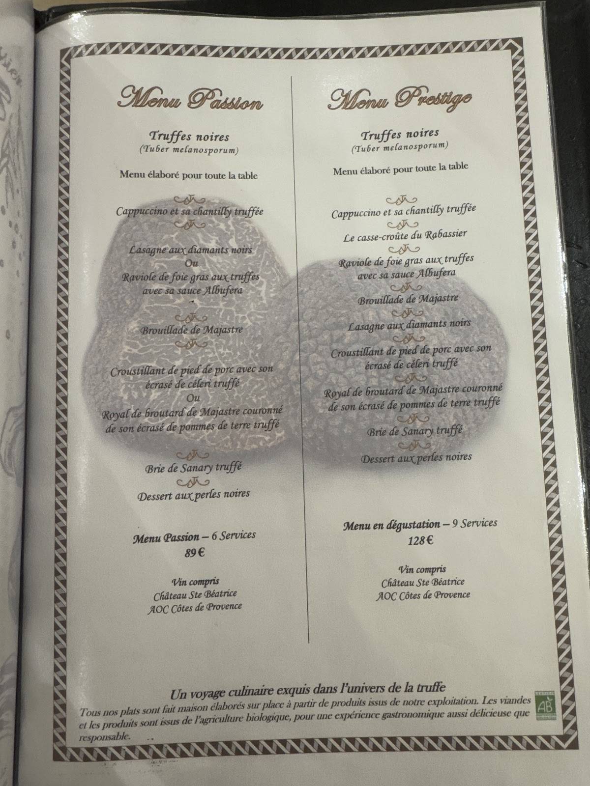 Menu au Le Jas de Majastre restaurant, Bauduen