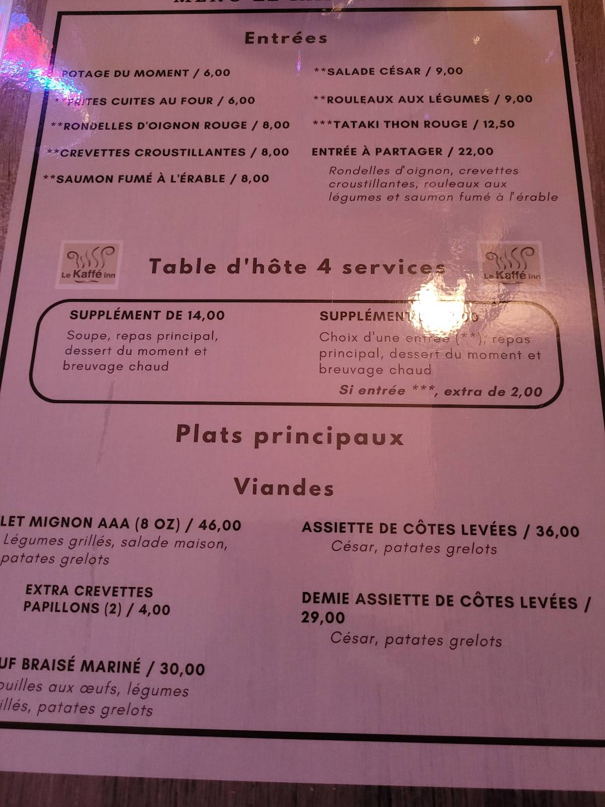 Menu au Le Kaffé Inn restaurant, Plessisville, Rue St Calixte