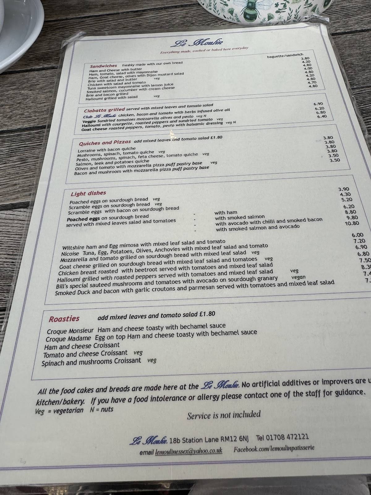 Menu at Le Moulin cafe, Hornchurch, 18B Station Ln