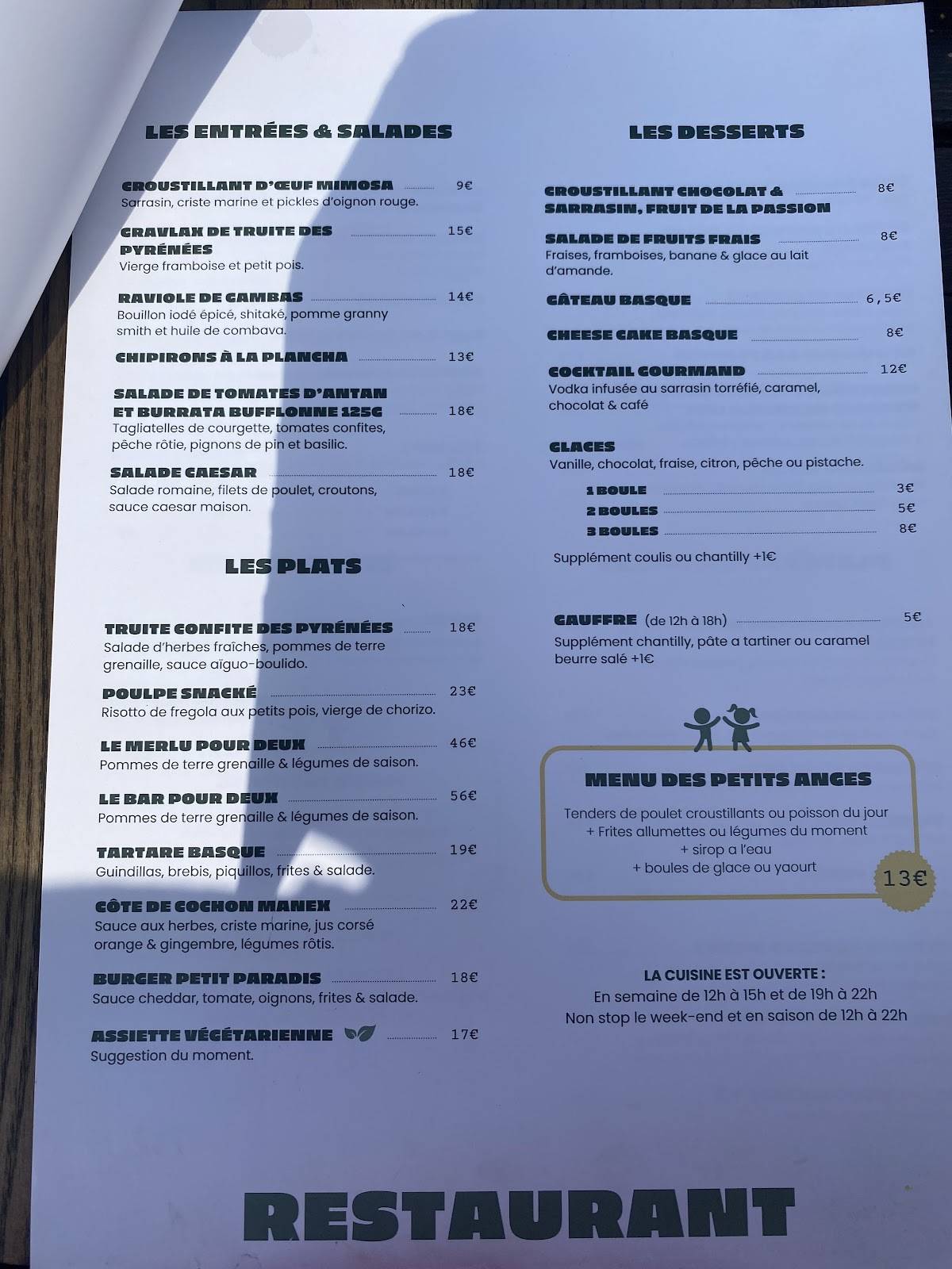 Menu at Le Petit Paradis restaurant, Bidart