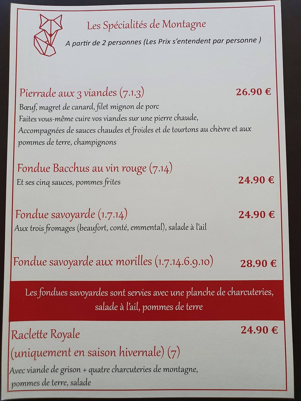 Menu au Le petit renard restaurant, Laye, Rue de l'Aiguille