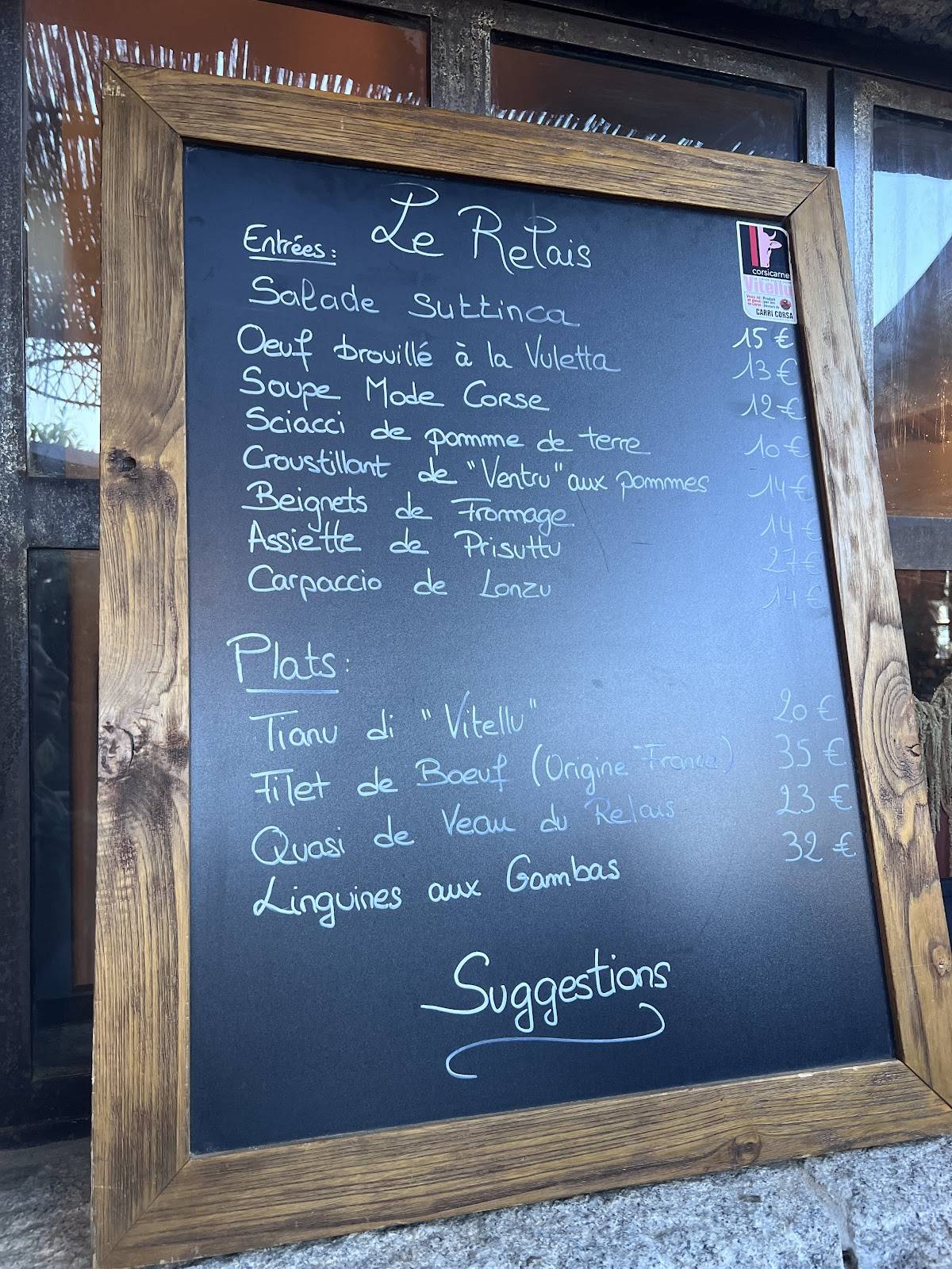 Menu au Le Relais restaurant, Sotta, 54 Via S Martinu