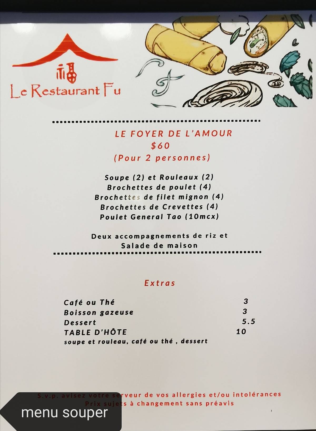 Menu au Le Restaurant FU, Victoriaville